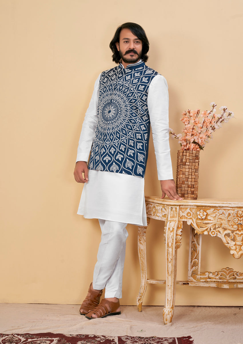 Cerulean (Rama Blue) Jacket With White Kurta Set In Silk With Detailed ...
